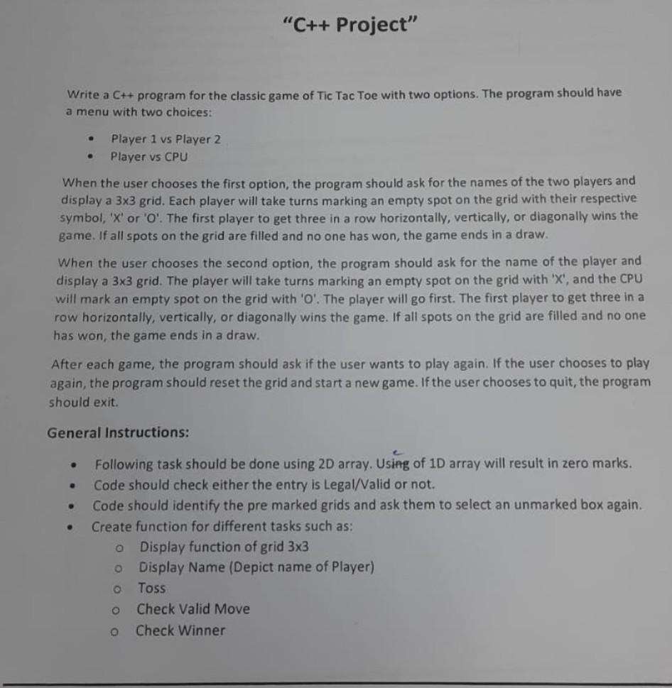 Solved Write a Ct+ program for the classic game of Tic Tac | Chegg.com