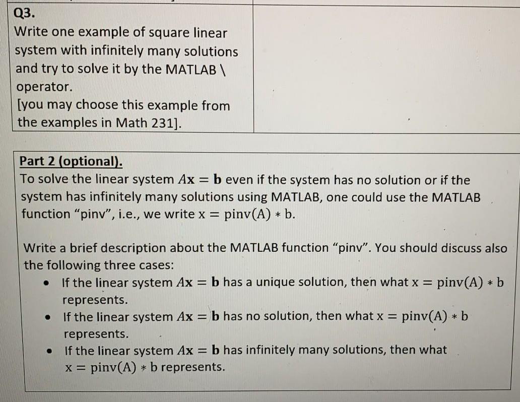 Solved Q3. Write one example of square linear system with | Chegg.com