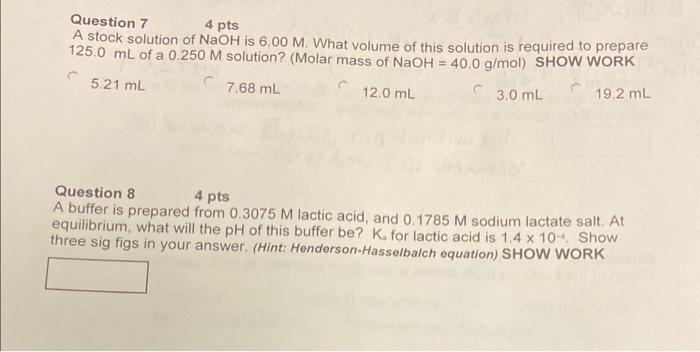 Solved Question 74 pts A stock solution of NaOH is 6.00M. | Chegg.com