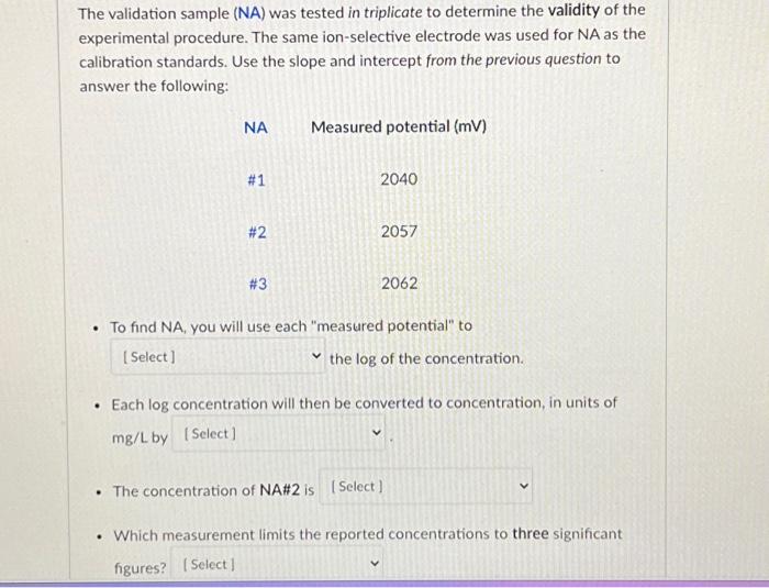 The validation sample (NA) was tested in triplicate | Chegg.com