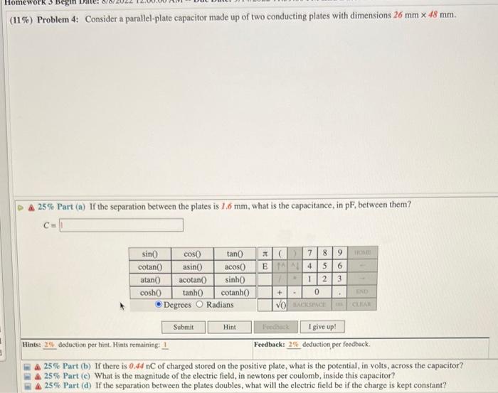 Solved (11\%) Problem 4: Consider a parallel-plate capacitor | Chegg.com Solved (11\%) Problem 4: Consider a parallel-plate capacitor | Chegg.com