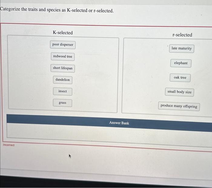 Solved Categorize the traits and species as K-selected or | Chegg.com