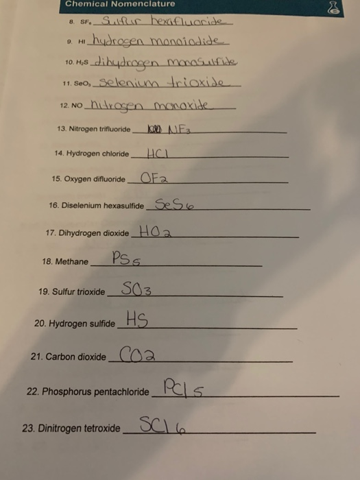 Solved Chemical Nomenclature 8. SF. S er hexafluoride 2. H | Chegg.com
