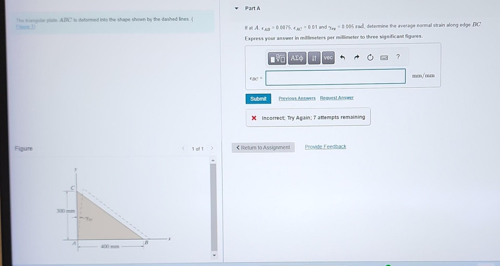 Solved The triangular plate ABC is deformed into the shape | Chegg.com