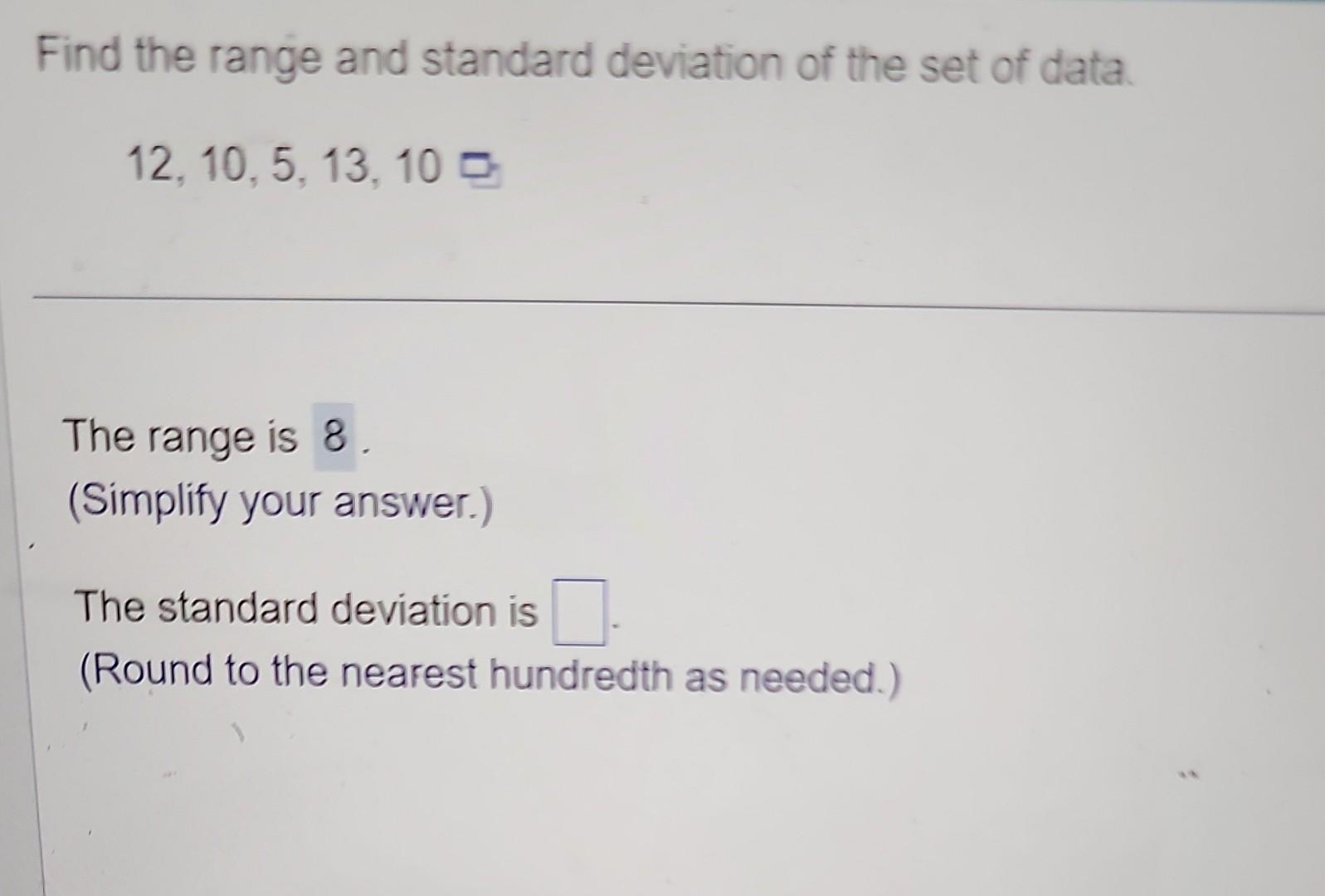 Solved Find the range and standard deviation of the set of | Chegg.com