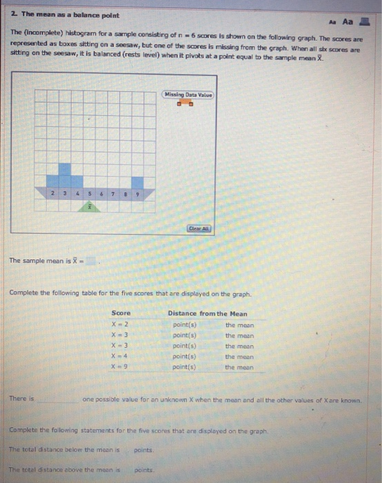 Solved 2 The mean as a balance polnt Aa Aa The (incomplete) | Chegg.com
