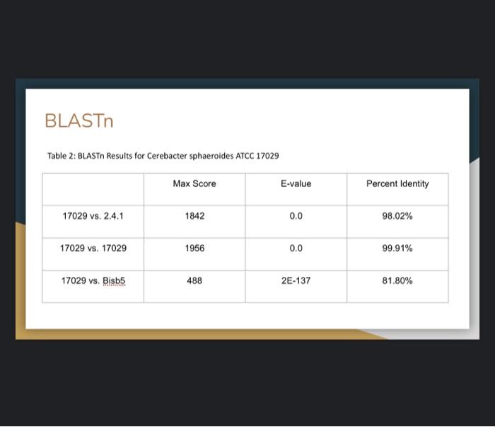 BLAST Table 1: BLASTn Results for Cerebacter | Chegg.com