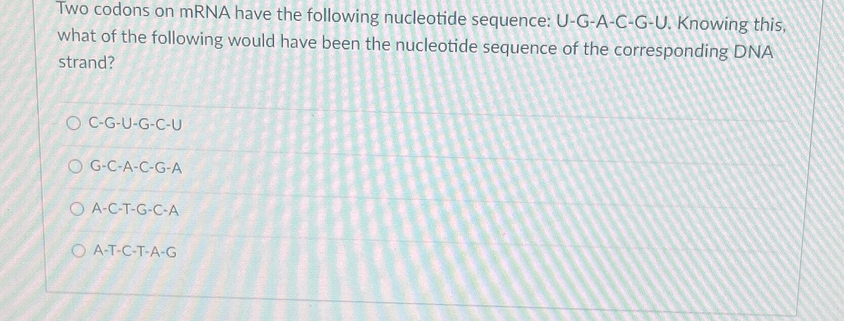 Solved Two codons on mRNA have the following nucleotide | Chegg.com