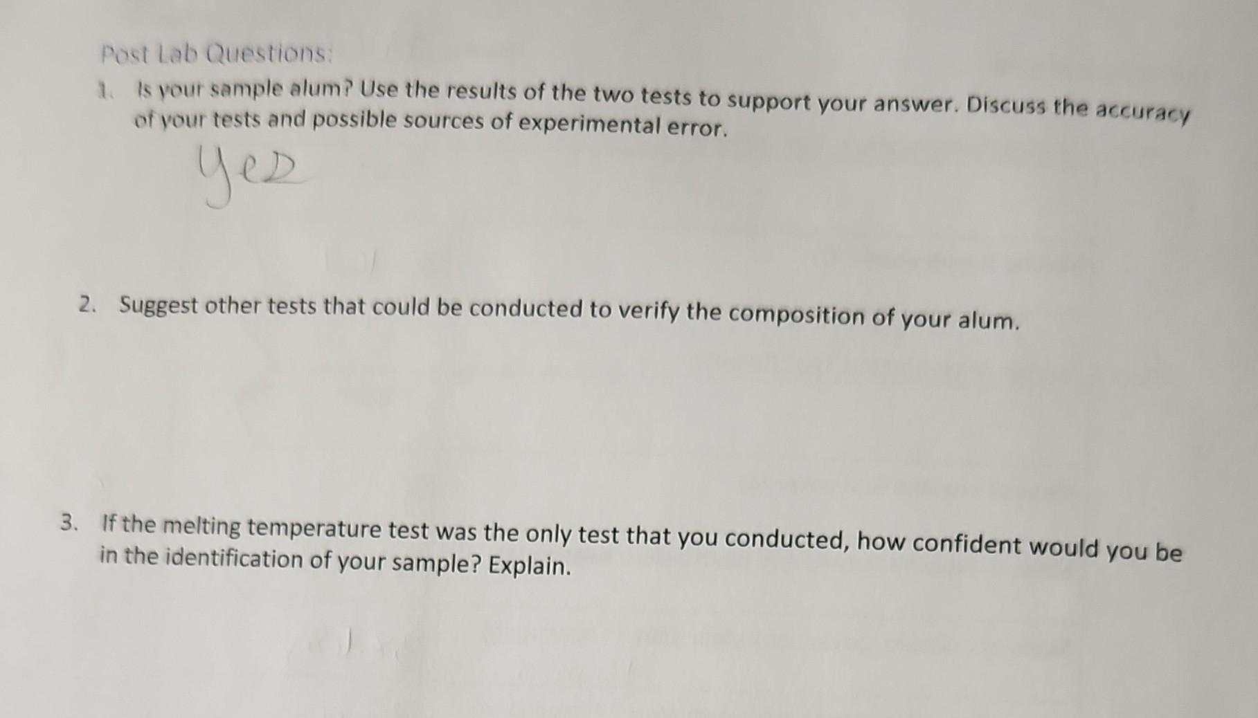 Solved Post Lab Questions: 1. Is your sample alum? Use the | Chegg.com
