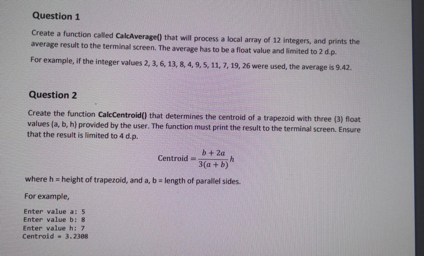 Solved Question 1 Create A Function Called Calcaverage 9729