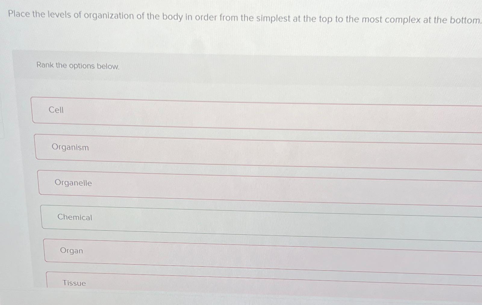 Solved Place the levels of organization of the body in order | Chegg.com