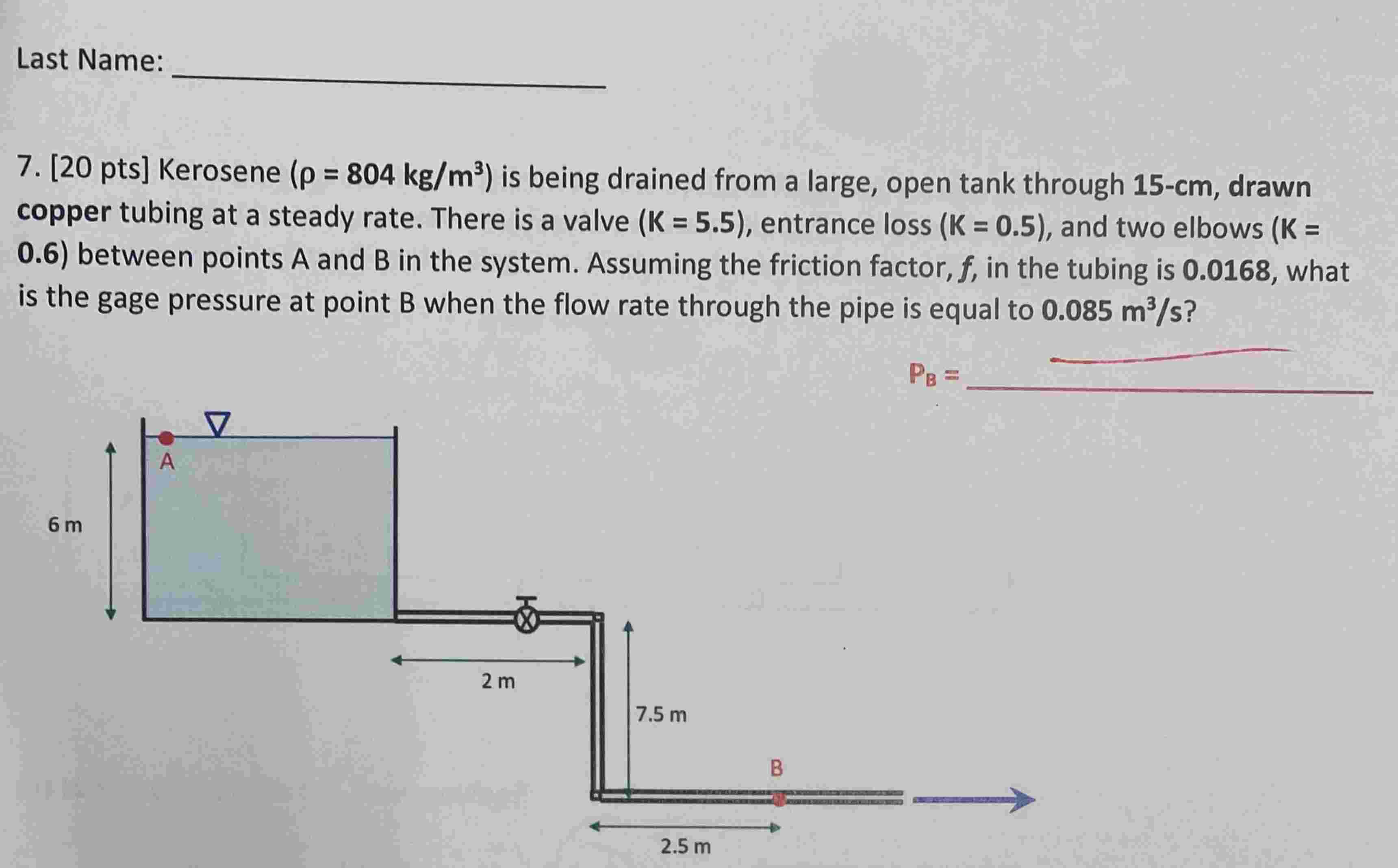 Solved ρ=804kgm3 (K=5.5), ﻿entrance loss (K=0.5), ﻿and two | Chegg.com