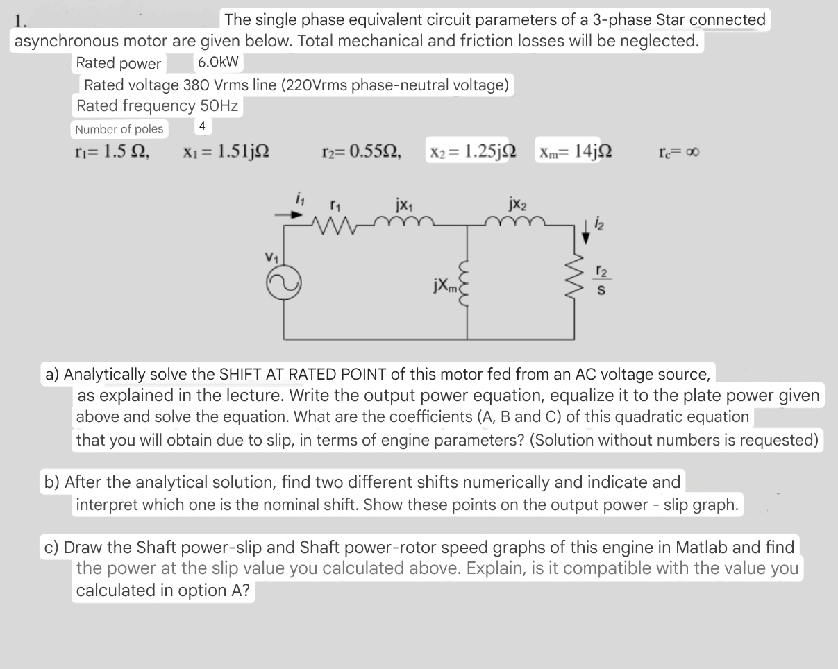 Solved The single phase equivalent circuit parameters of a | Chegg.com