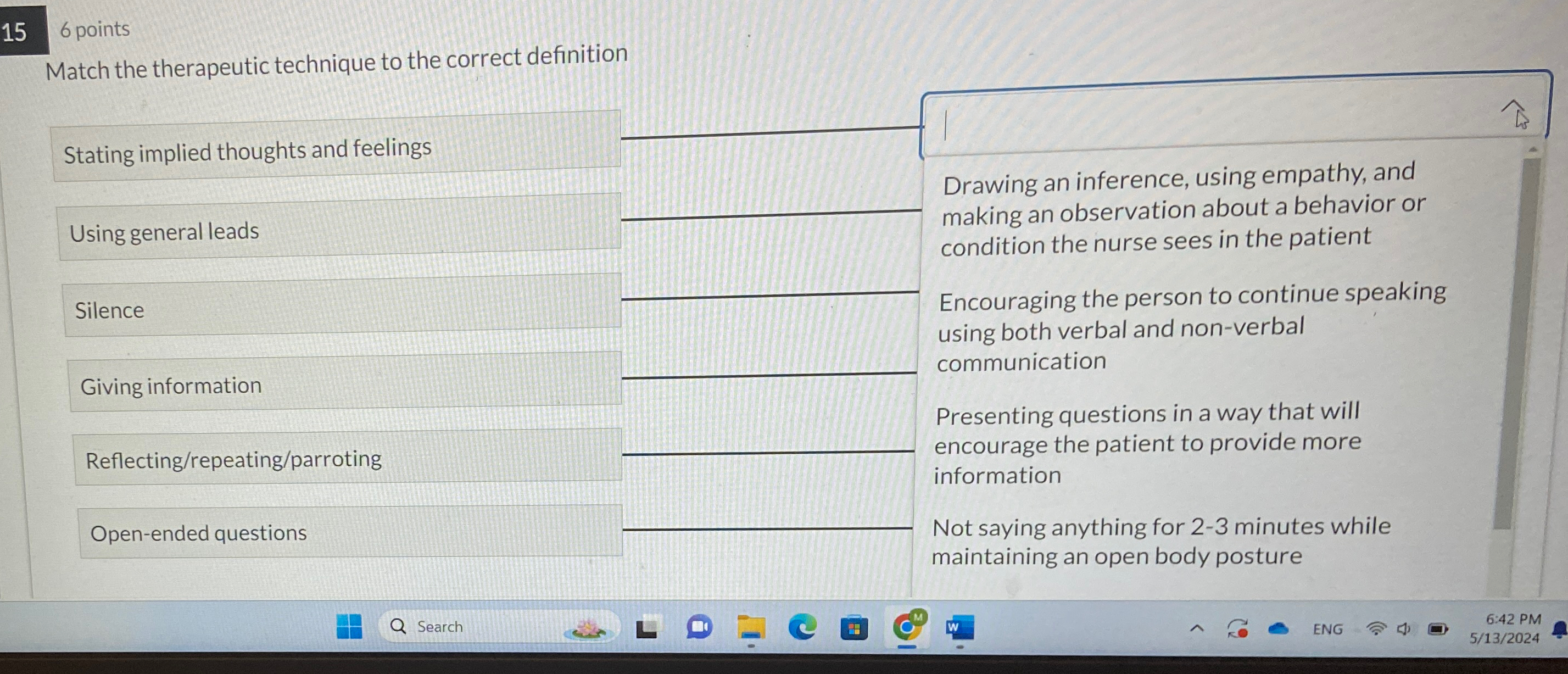 Solved 156 ﻿pointsMatch the therapeutic technique to the | Chegg.com