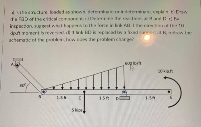 Solved a) is the structure, loaded as shown, determinate or | Chegg.com