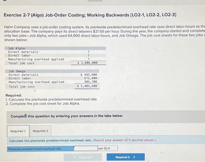 Solved Exercise 2-7 (Algo) Job-Order Costing; Working | Chegg.com