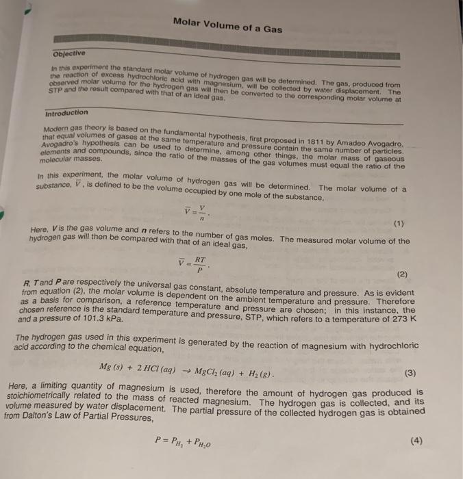 Solved Molar Volume of a Gas Objective In this experiment | Chegg.com