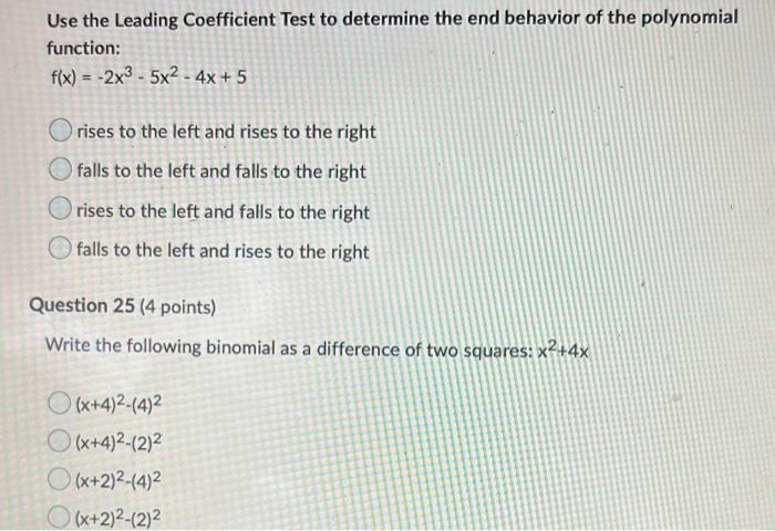 Solved Use the Leading Coefficient Test to determine the end | Chegg.com