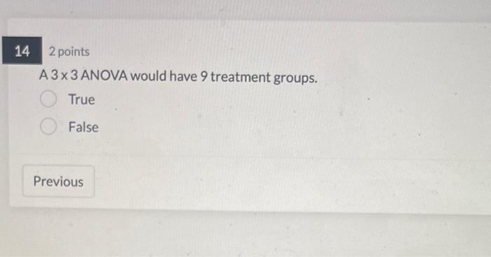 Solved 14 2 points A 3x3 ANOVA would have 9 treatment | Chegg.com