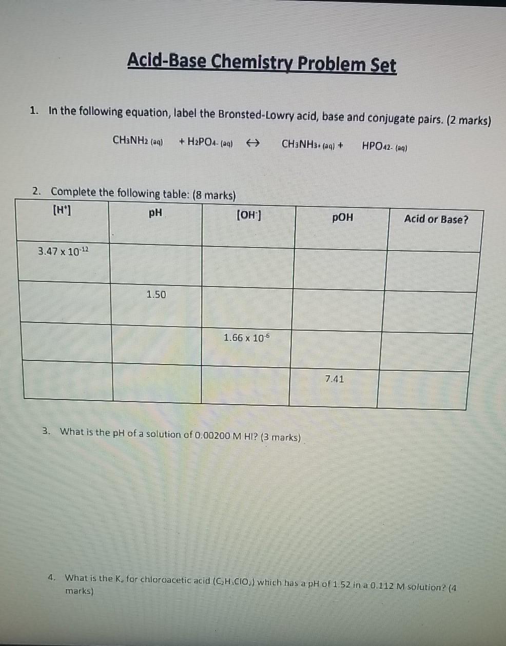 Solved Acid-Base Chemistry Problem Set 1. In the following | Chegg.com