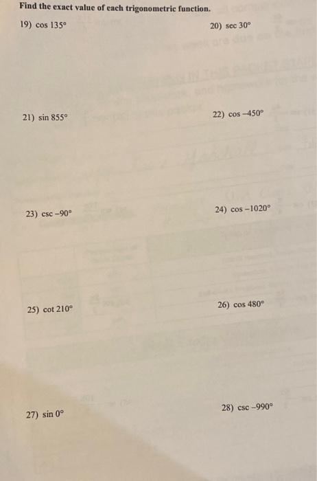 Solved Find the exact value of each trigonometric function. | Chegg.com