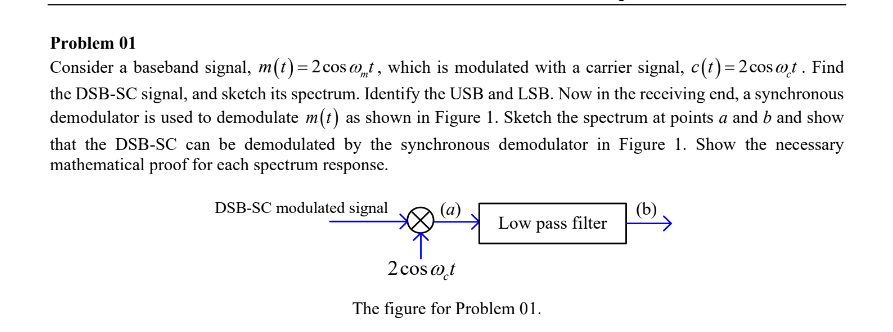Solved Problem 01Consider a baseband signal, m(t)=2cosωmt, | Chegg.com