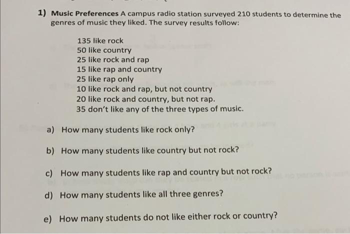 Solved 1) Music Preferences A campus radio station surveyed | Chegg.com