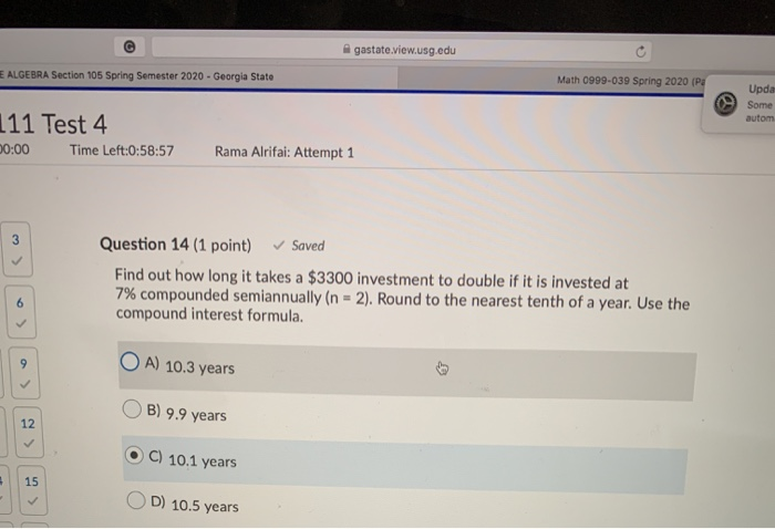 Solved gastate view.usg.edu E ALGEBRA Section 105 Spring | Chegg.com