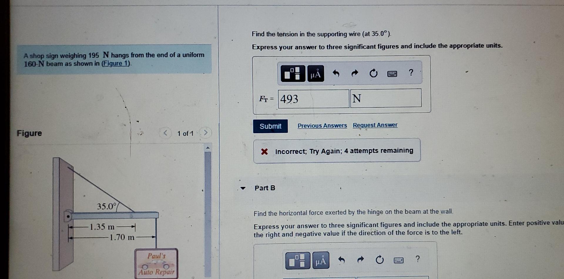 Solved A shop sign weighing 195 N hangs from the end of a | Chegg.com