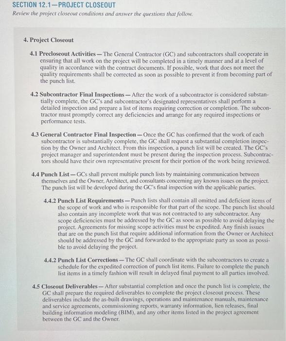 Solved SECTION 12.1-PROJECT CLOSEOUT Review the project | Chegg.com
