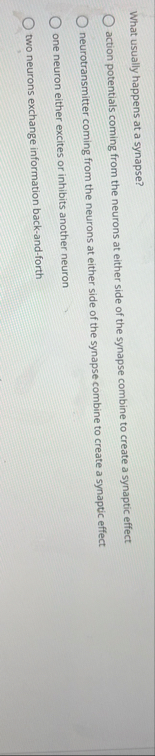 Solved What usually happens at a synapse?action potentials | Chegg.com