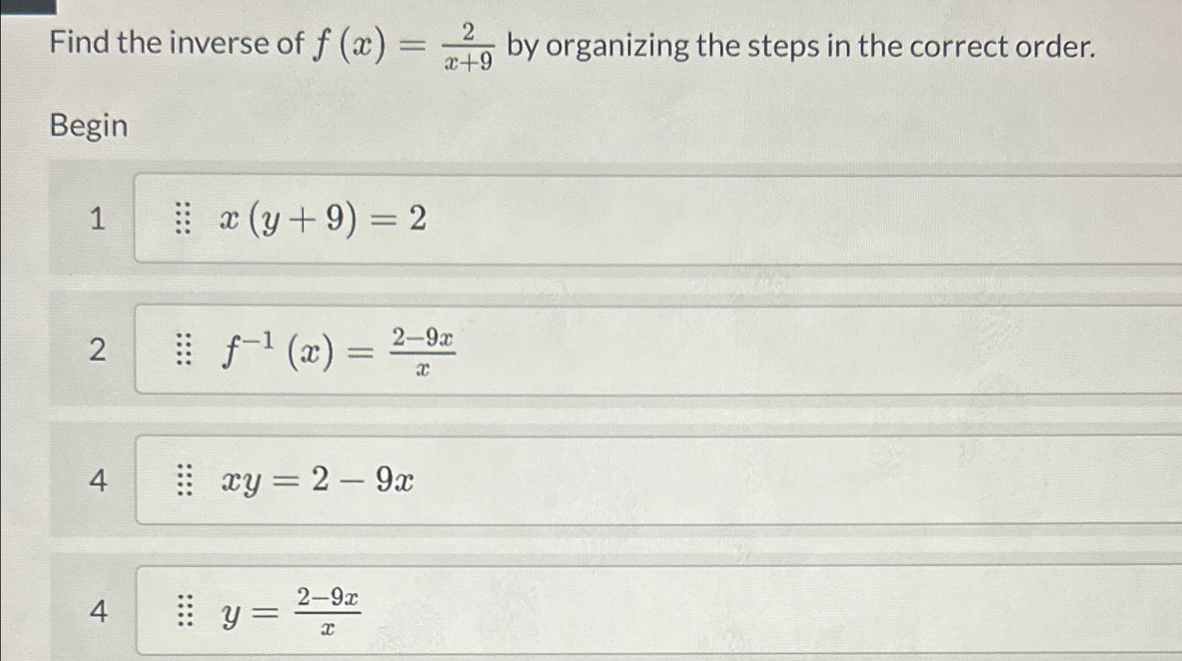 Solved Find the inverse of f(x)=2x+9 ﻿by organizing the | Chegg.com