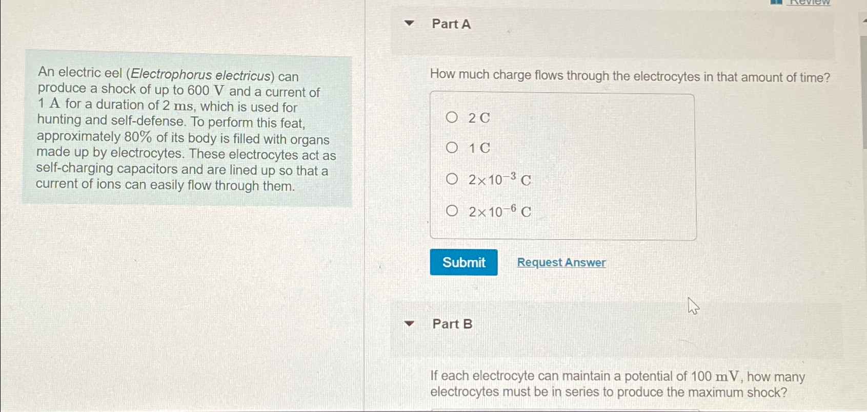 Solved An electric eel (Electrophorus electricus) ﻿can | Chegg.com