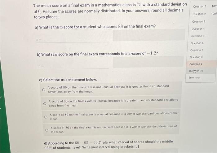 Solved The mean score on a final exam in a mathematics class | Chegg.com