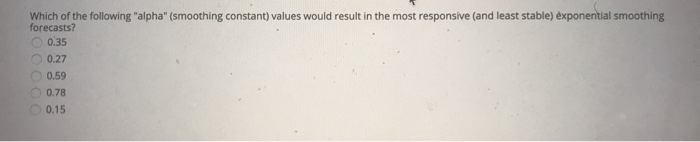 Solved Which of the following "alpha" (smoothing constant) | Chegg.com