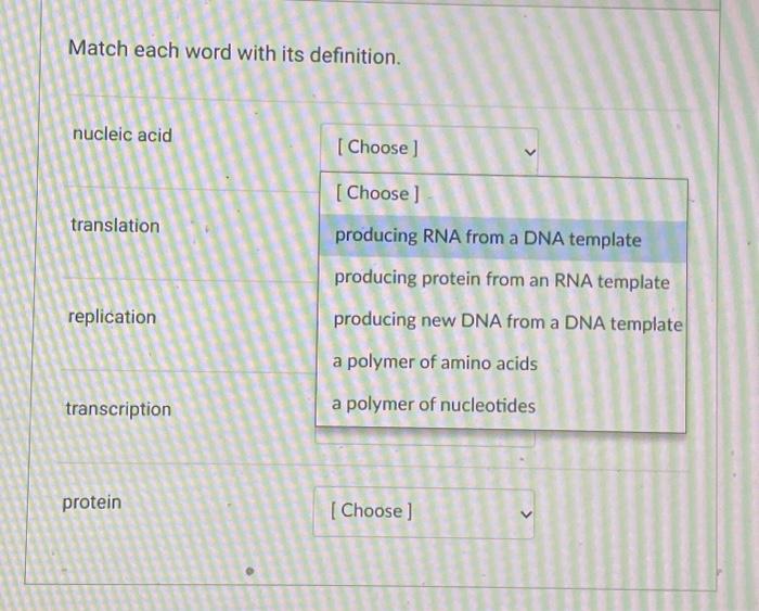 Solved Match each word with its definition. nucleic acid | Chegg.com
