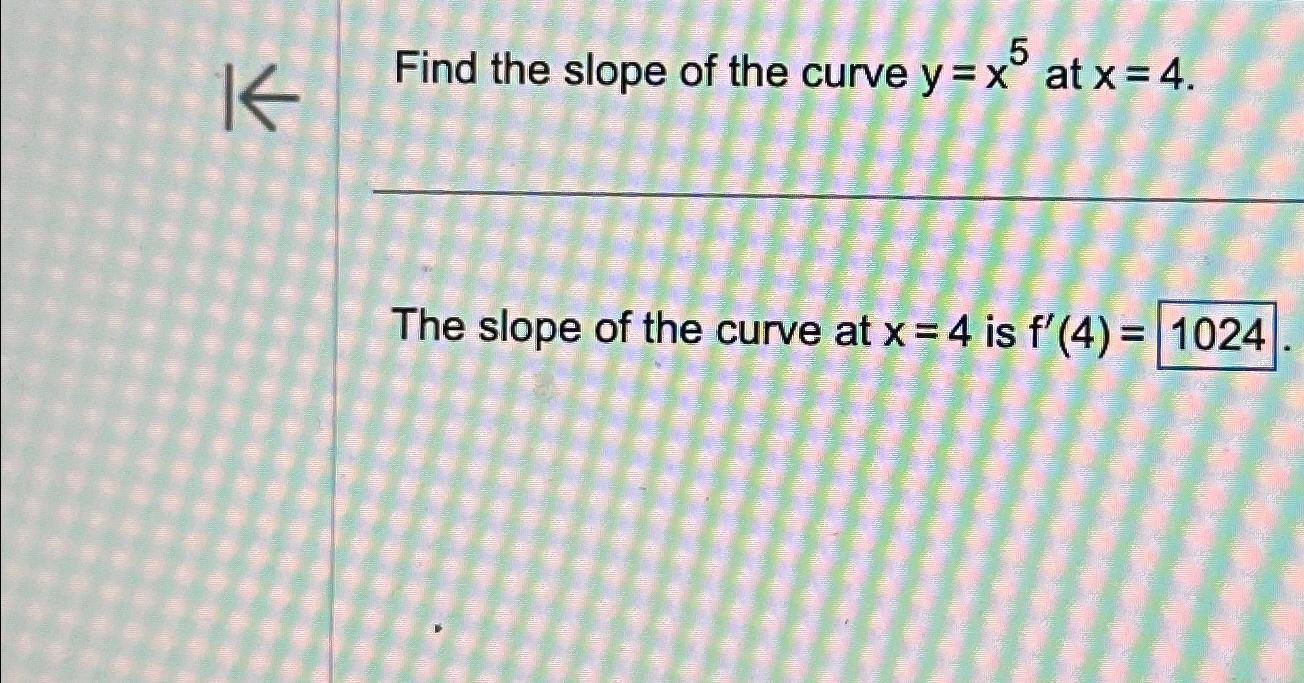 Solved Find the slope of the curve y=x5 ﻿at x=4.The slope of | Chegg.com