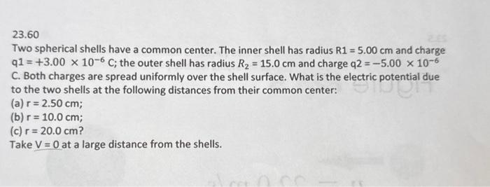 Solved 23.60 Two spherical shells have a common center. The | Chegg.com