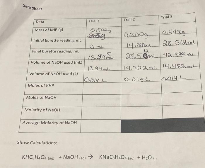 Solved Standardization of a NaOH Solution with Potassium | Chegg.com