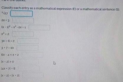 Classify each entry as a mathematical expression (E) | Chegg.com