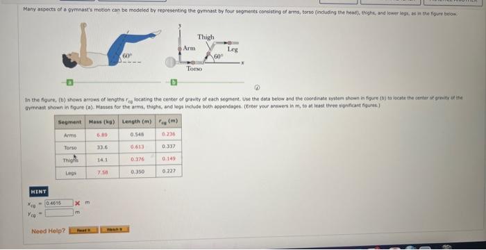 Solved aymnast shewn in figure (a). Masses for the arme, | Chegg.com