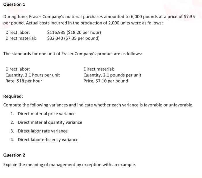 Solved Question 1 During June, Fraser Company's material | Chegg.com