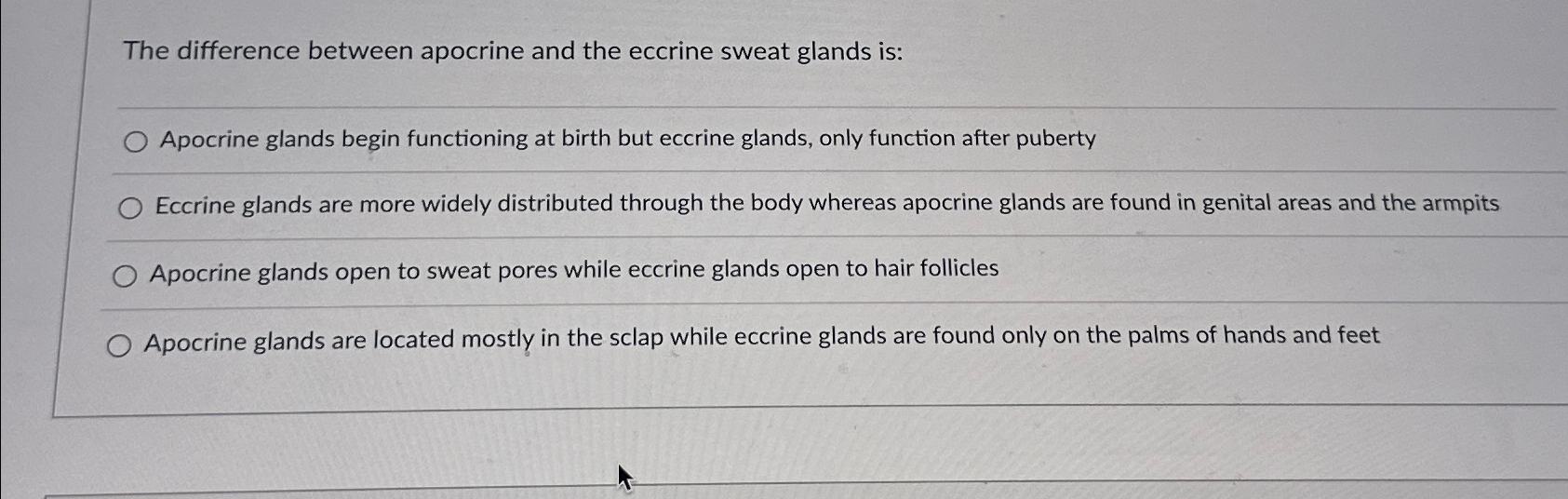 Solved The Difference Between Apocrine And The Eccrine Sweat