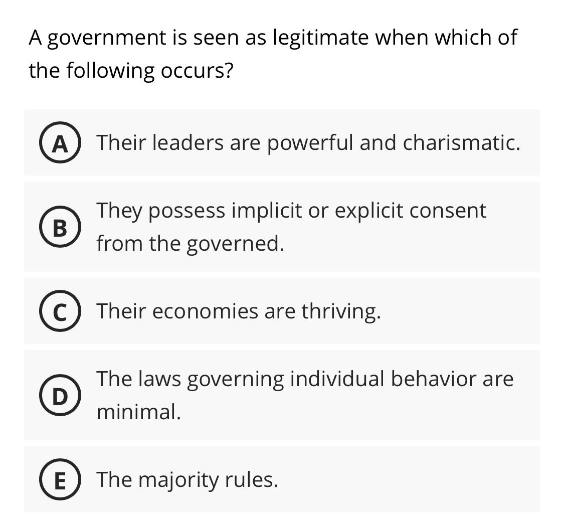 Solved A government is seen as legitimate when which of the | Chegg.com