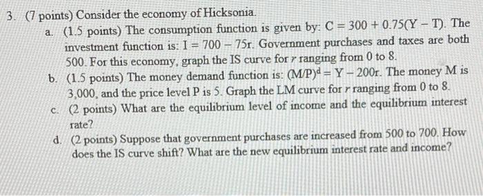 Solved 3. (7 points) Consider the economy of Hicksonia. a. | Chegg.com