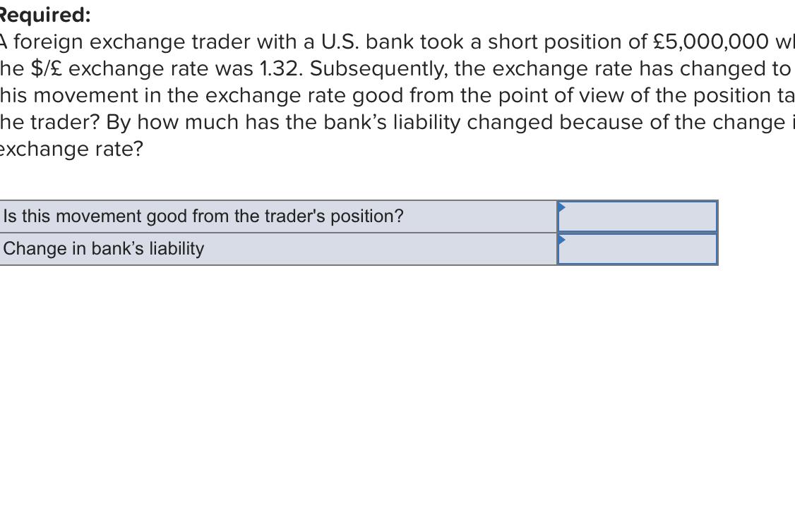 Solved Required:A foreign exchange trader with a U.S. ﻿bank | Chegg.com