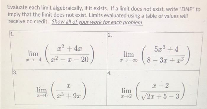 Solved evaluate each limit algebraically, if it exists. if a | Chegg.com