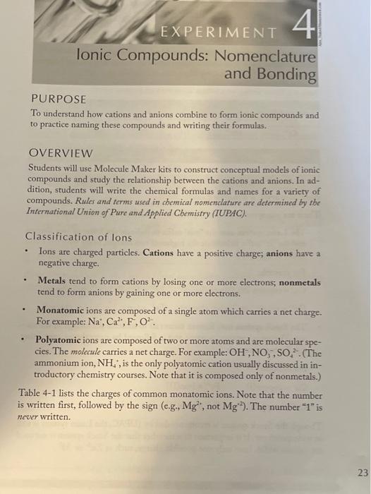 Solved 4 EXPERIMENT lonic Compounds: Nomenclature and | Chegg.com