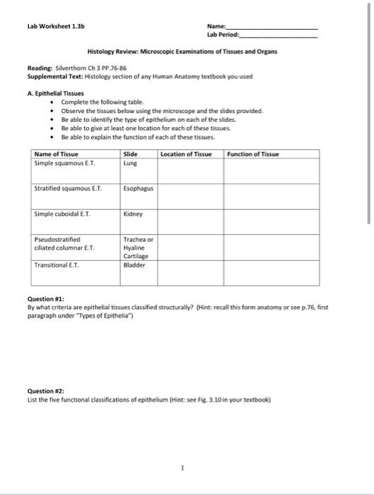 Solved Lab Worksheet 1.3b Name: Lab Period: Histology | Chegg.com