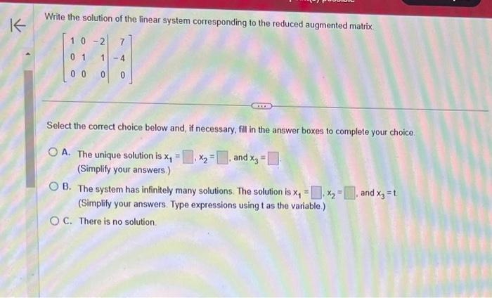 Solved Write the solution of the linear system corresponding | Chegg.com